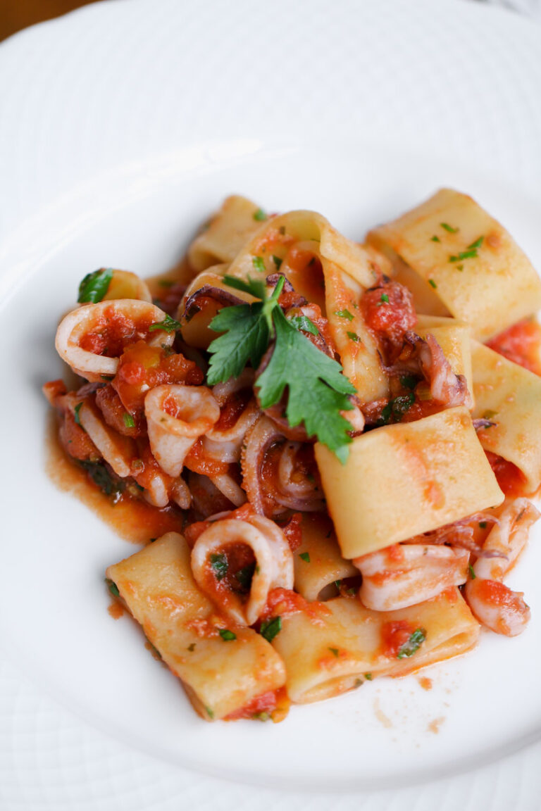 Pasta Calamarata (Pasta with Calamari and Tomato Sauce) - Savoring Italy