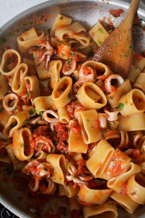 Pasta Calamarata (Pasta with Calamari and Tomato Sauce) - Savoring Italy